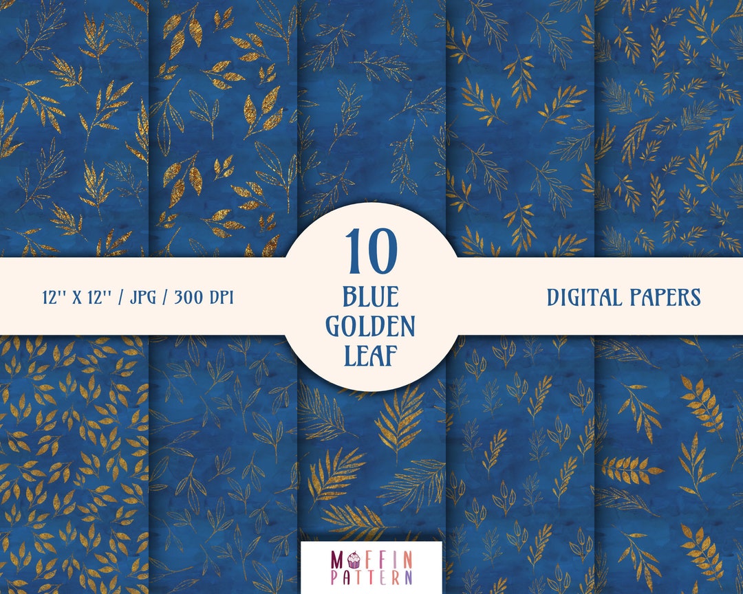 Navy and Gold Floral Digital Paper , Seamless Pattern With Gold Leaf ...