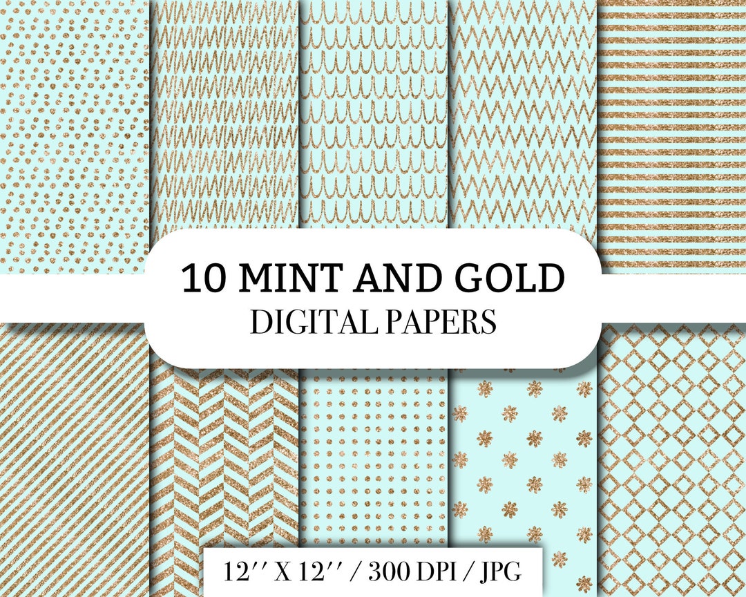 Gold Glitter and Mint Digital Papers, 12x12 Scrapbooking Paper, Sparkle ...