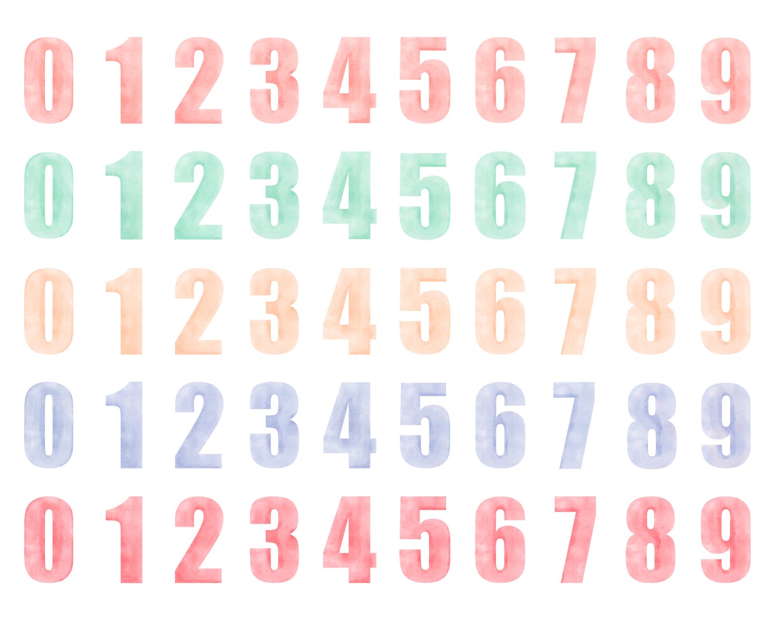 Watercolor Pastel Numbers Clipart. Numeral Clip Art Digital - Etsy