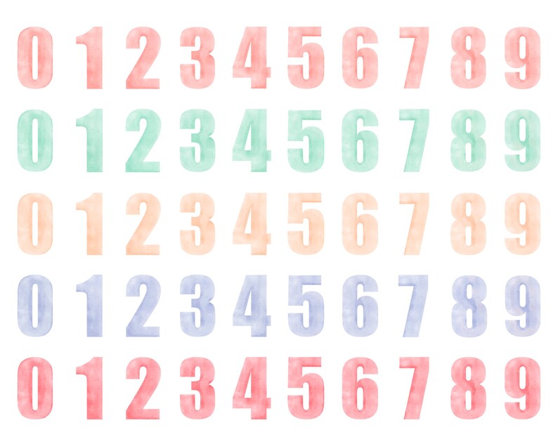 Watercolor Pastel Numbers Clipart. Numeral Clip Art Digital - Etsy
