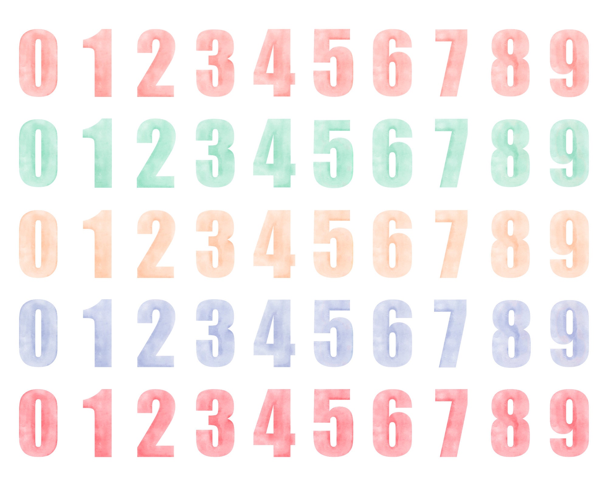 Watercolor Pastel Numbers Clipart. Numeral Clip Art, Digital Individual ...