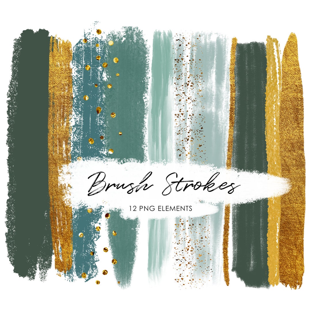 Emerald Watercolor Brush Strokes, Gold and Green Watercolor Design Kit ...