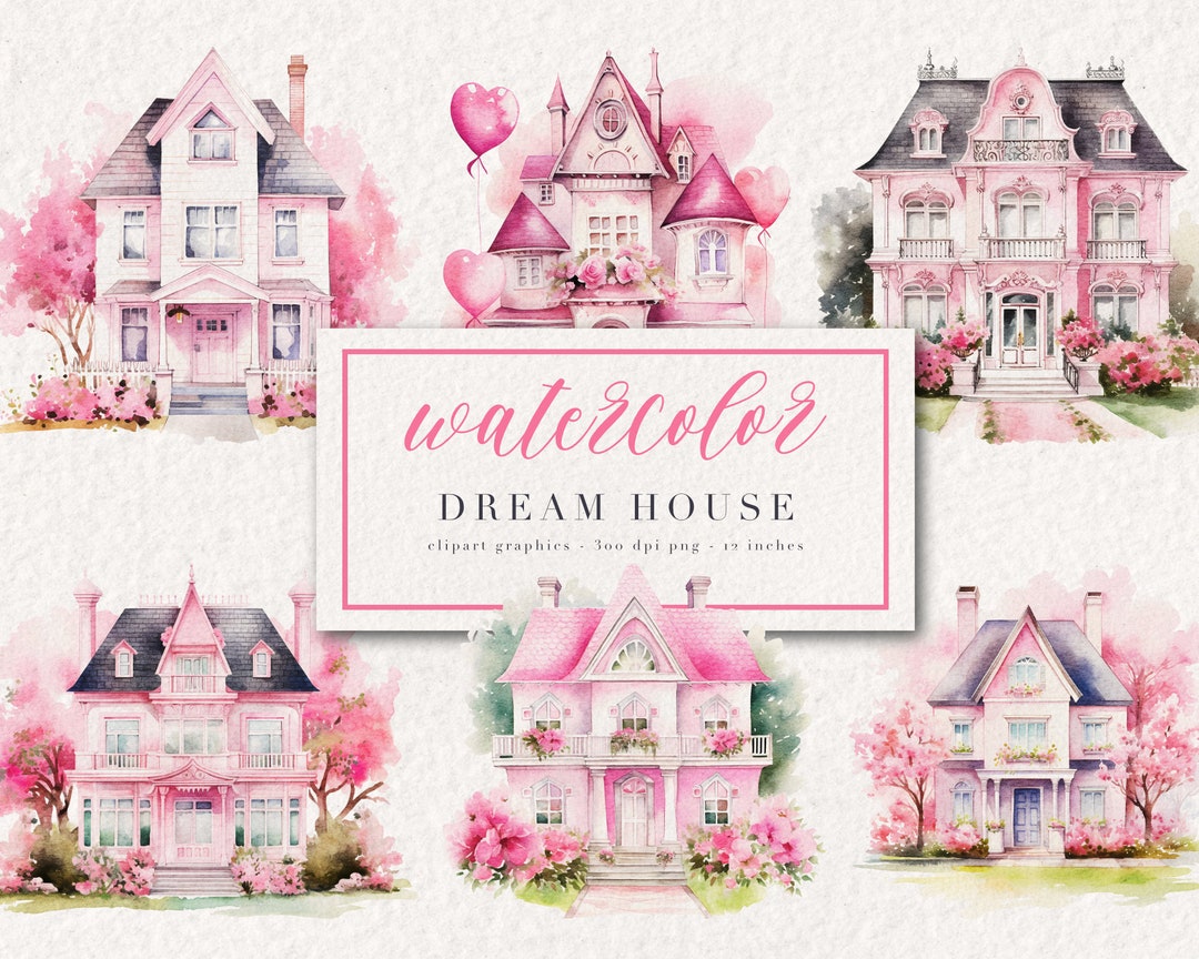 Watercolor Dream House Clipart - Watercolor Pink House Digital Download ...