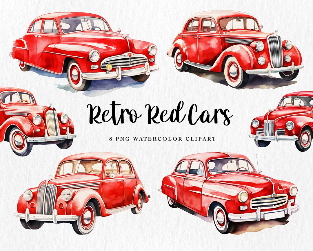 Watercolor Retro Red Car, Watercolor Vintage Red Car, Retro Red Car ...
