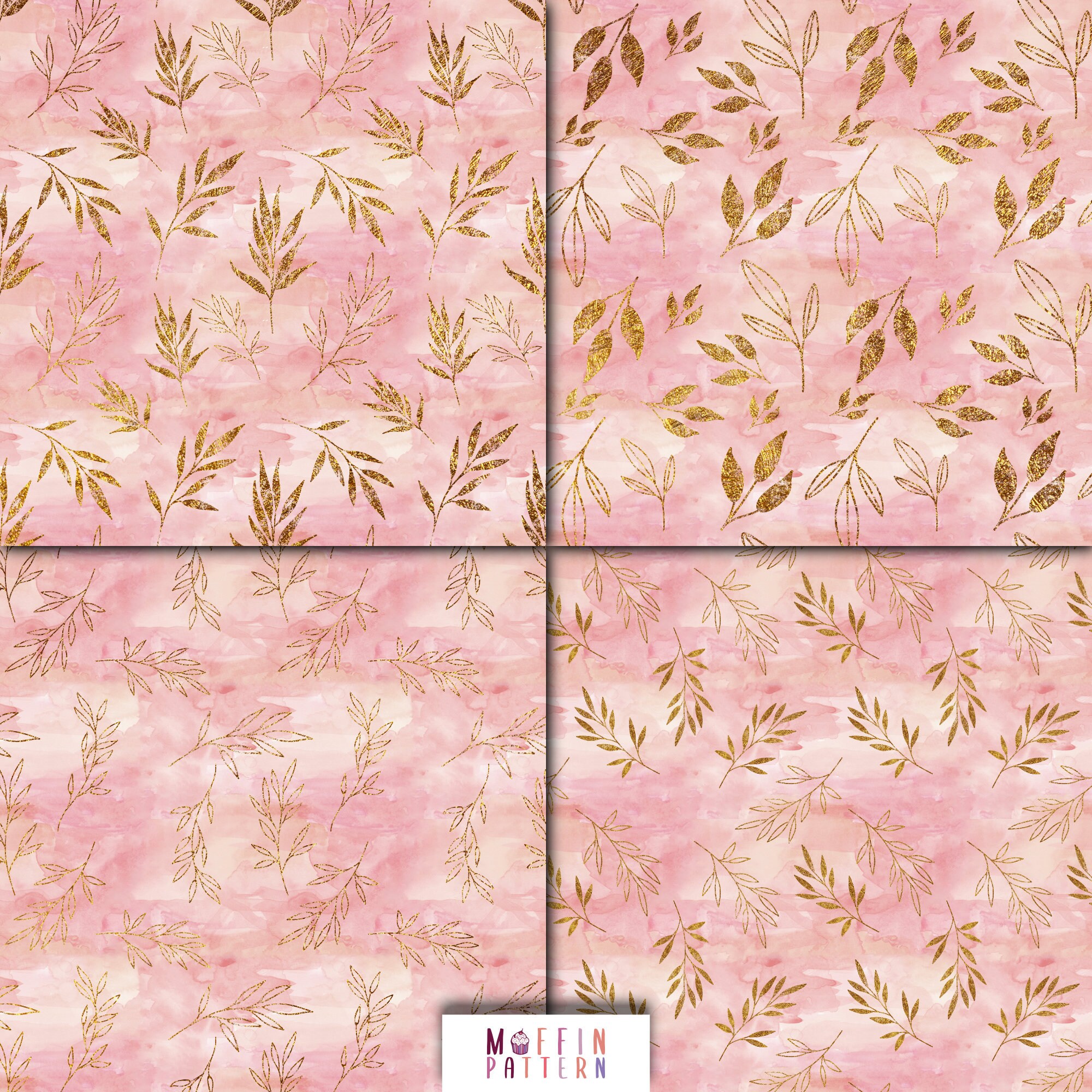 Gold and Pink Floral Seamless Digital Paper,pink Background, Leaves ...