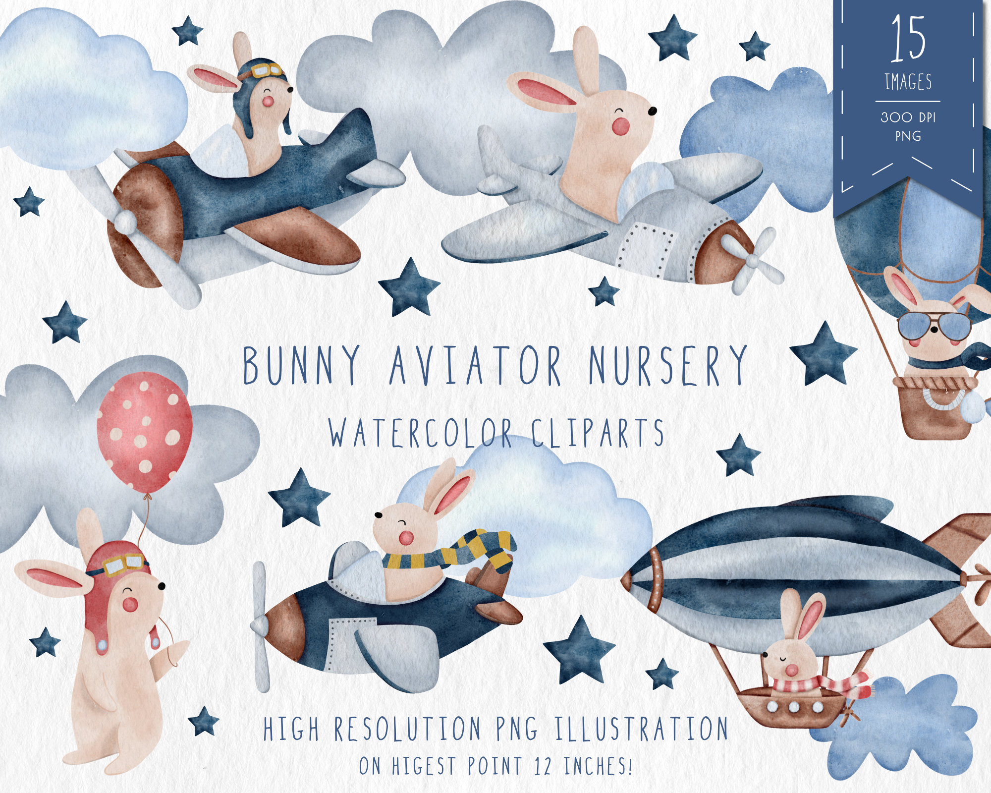 Nursery Bunny Aviator Watercolor Clipart Air Transport - Etsy