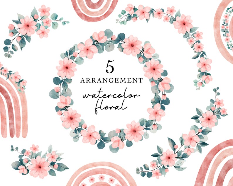 Boho Rainbow Floral Watercolor Clipart Set, Pastel Dusty Pink Flowers ...