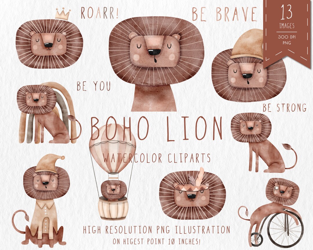 Boho Lion Nursery Clipart, Cute Lion Watercolor Clipart, Lion ...