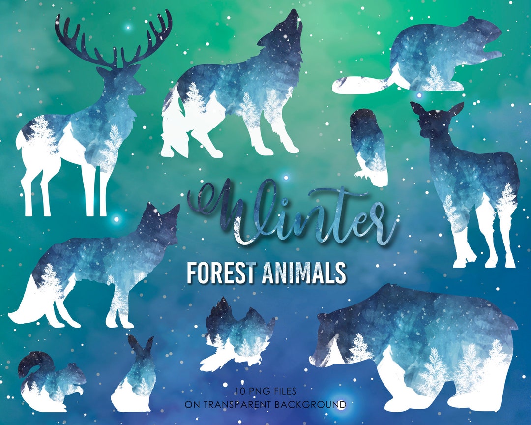 Watercolor Animal Silhouettes, Winter Forest Animals Clipart, Pine ...