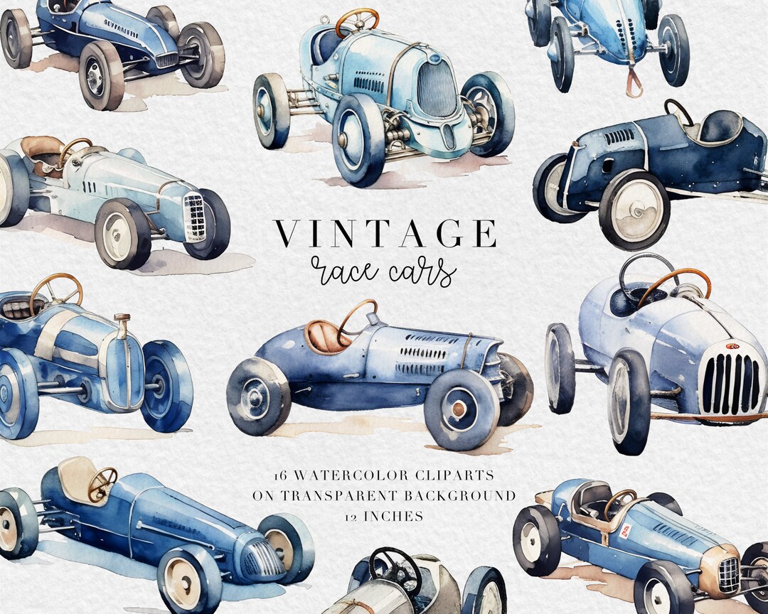Watercolor Vintage Race Car Nursery Clipart Set - 16 Charming ...