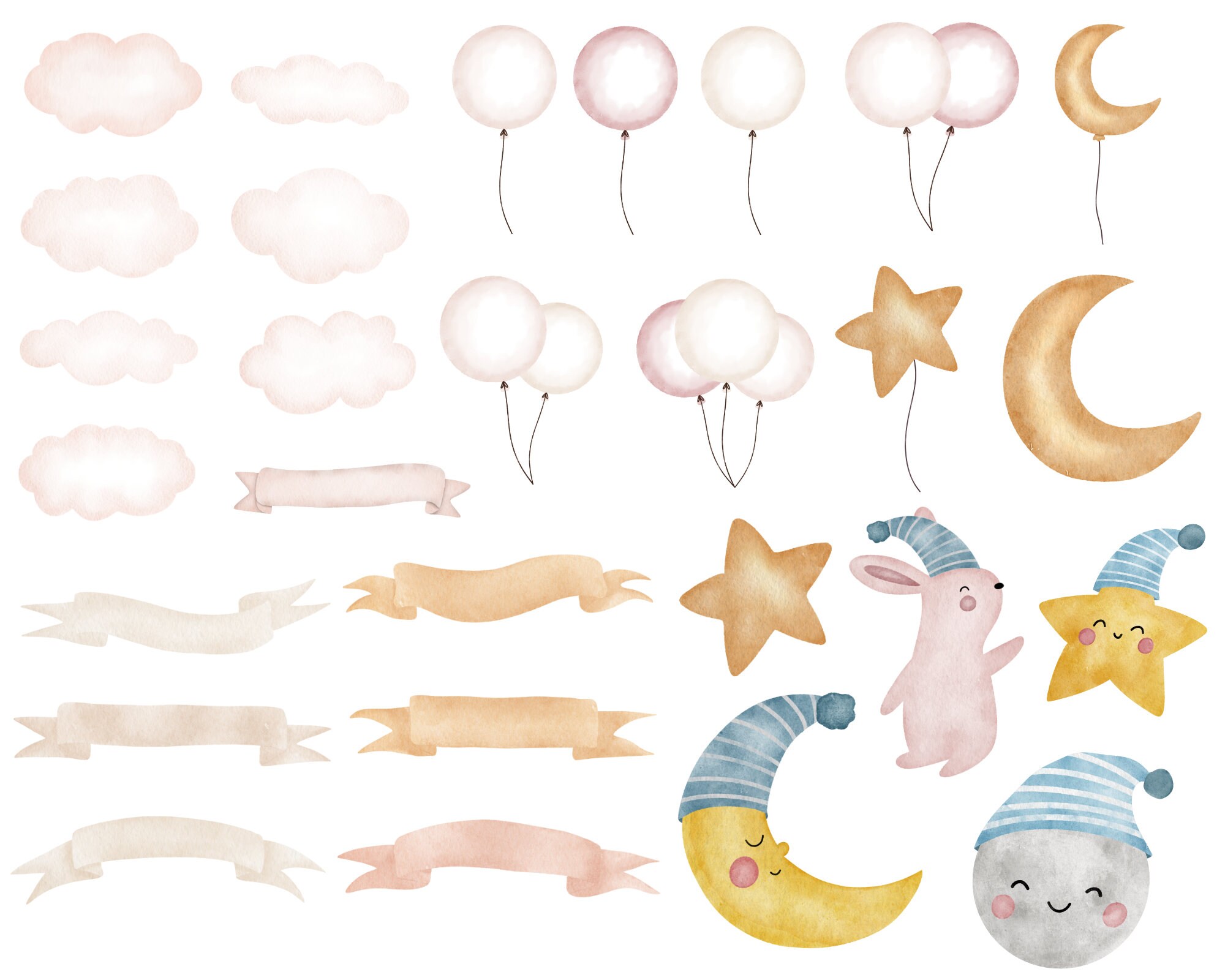 Sweet Dreams Watercolor Clipart Nursery Watercolor Bunny - Etsy
