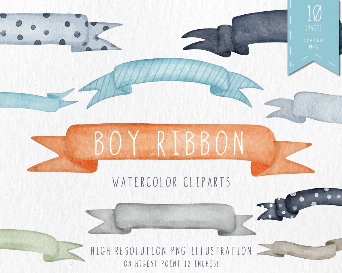 Boy Watercolor Ribbon Clipart Ribbon Clip Art Digital - Etsy