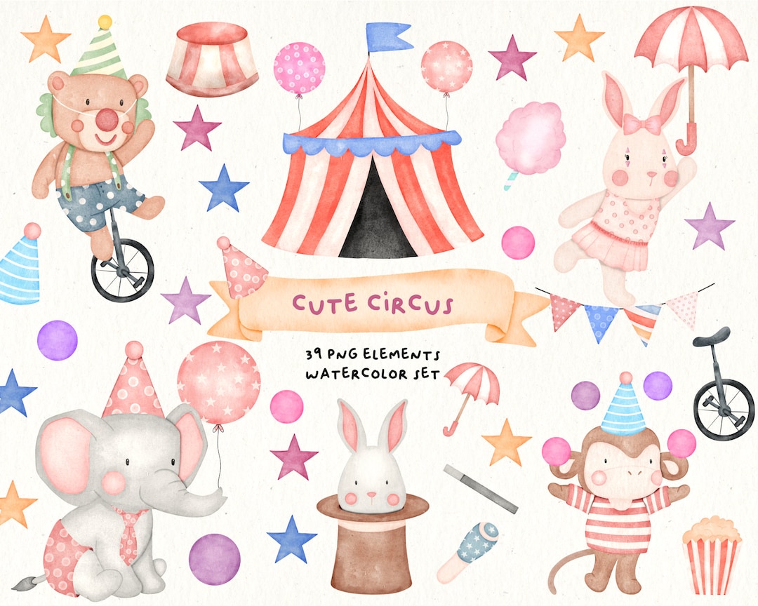 Cute Watercolor Circus Animals, Watercolor Nursery Clipart, Circus ...