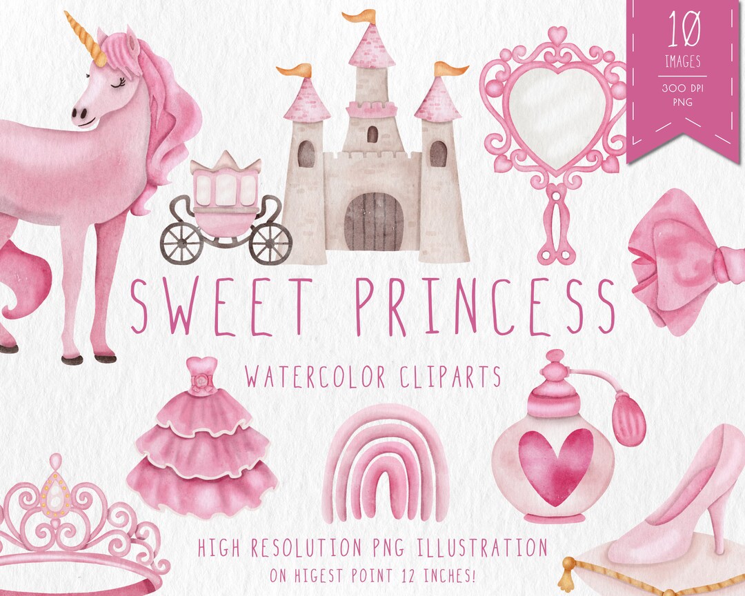 Sweet Princess Watercolor Clip Arts, Nursery, Castle, Unicorn, Princess ...