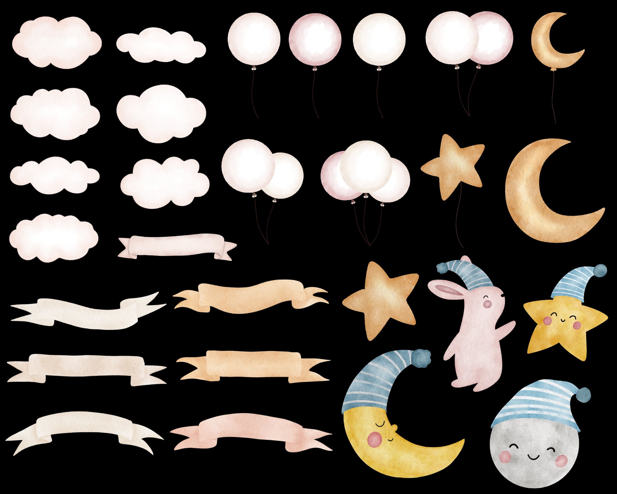 Sweet Dreams Watercolor Clipart Nursery Watercolor Bunny - Etsy