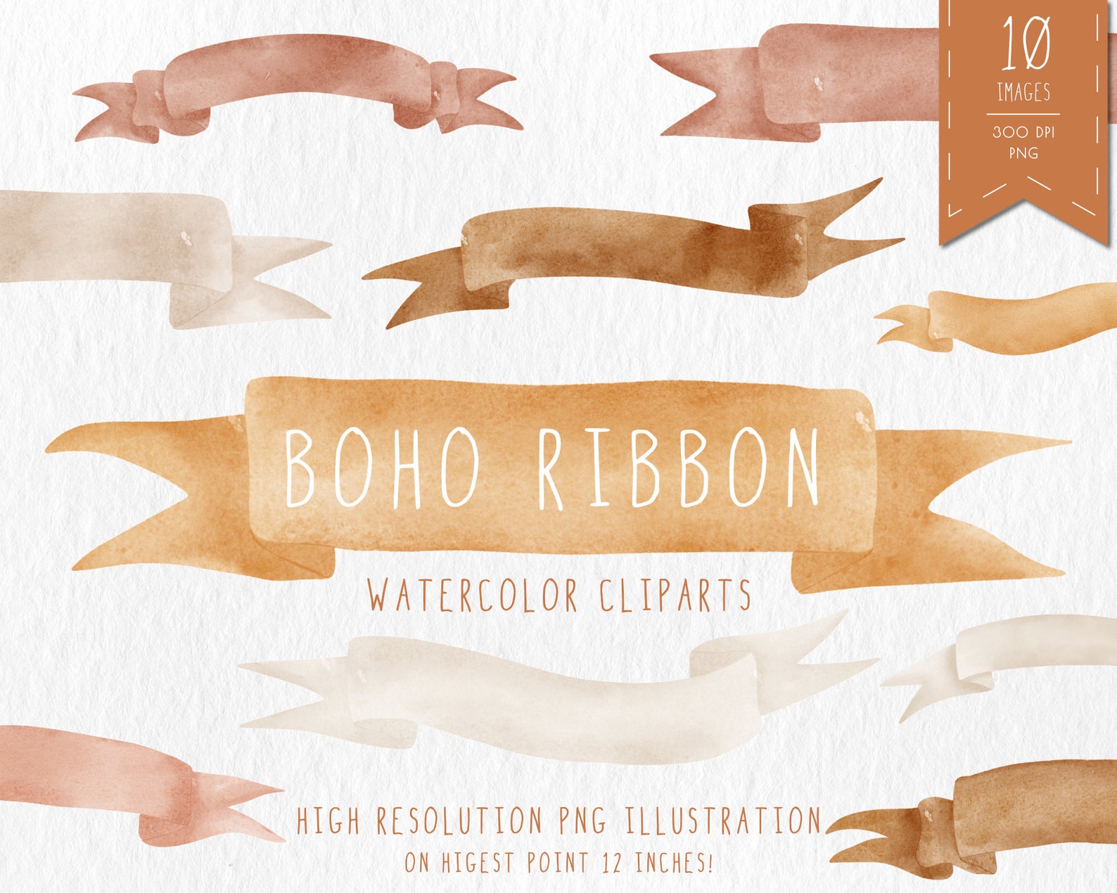 Boho Watercolor Ribbon Clipart Ribbon Clip Art Digital - Etsy