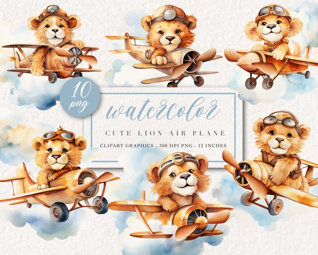 Watercolor Nursery Baby Lion Airplane - Watercolor Cute Lion Set - Baby ...