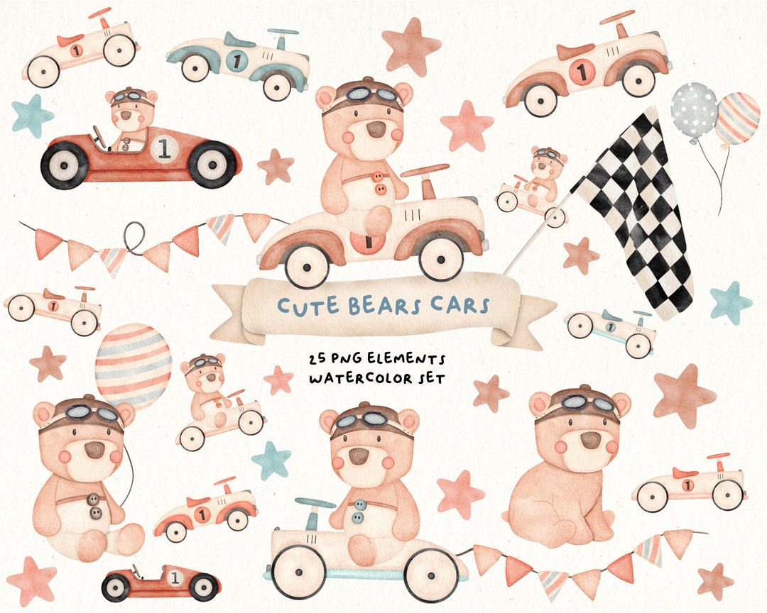 Watercolor Cute Teddy Bears Vintage Cars,nursery Watercolor Cars ...