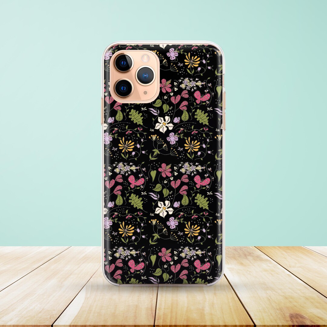 Vintage Pink Blue Flowers on Black Phone Case Available for iPhone 14 ...