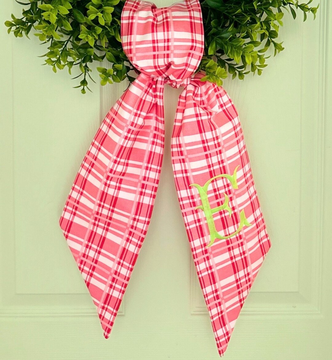 Spring Pink Plaid Monogram Wreath Sash for Front Door, Personalized ...