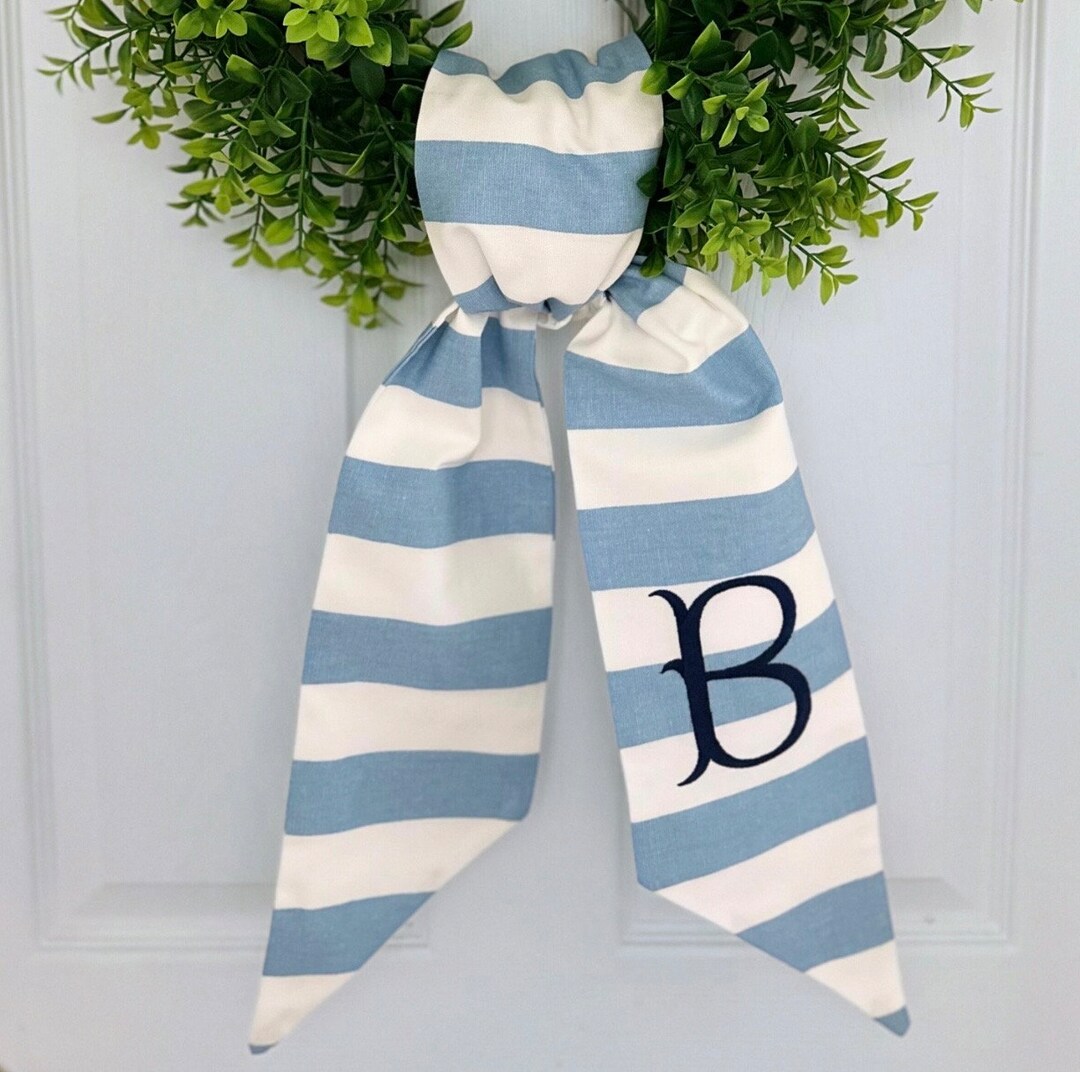 Fall Blue Stripe Monogrammed Wreath Sash for Front Door, Personalized ...