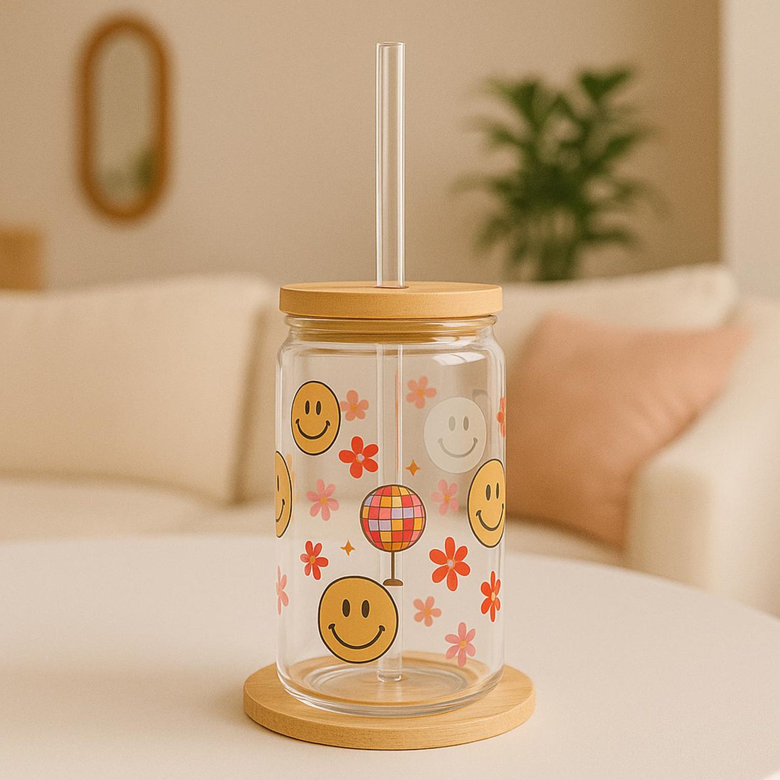 Retro Smiley Glass Sipper | Boho Cup | Groovy Flower Power Drinkware ...