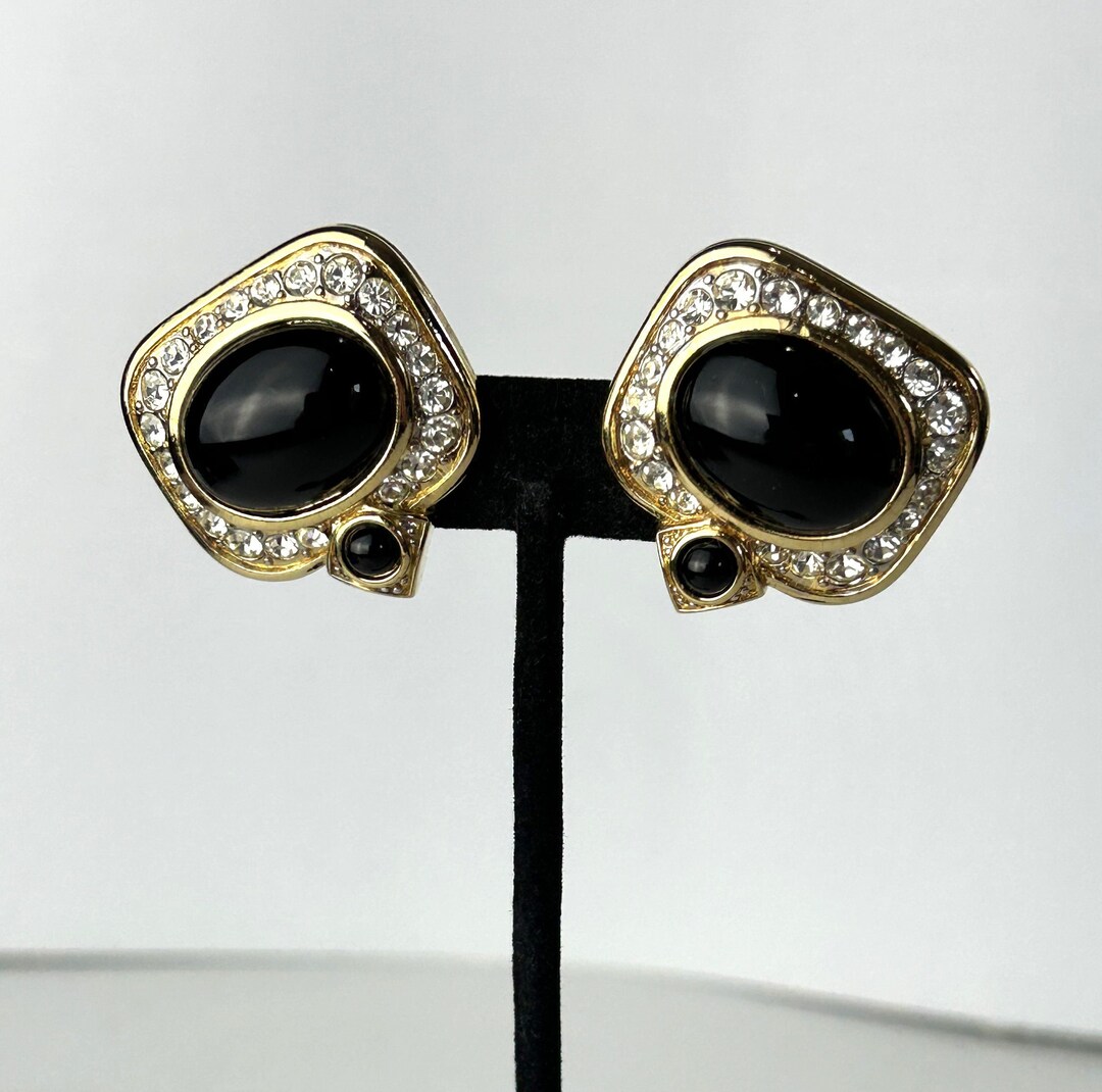 Vintage D'orlan Black Glass With Rhinestones Gold Tone Statement Clip ...