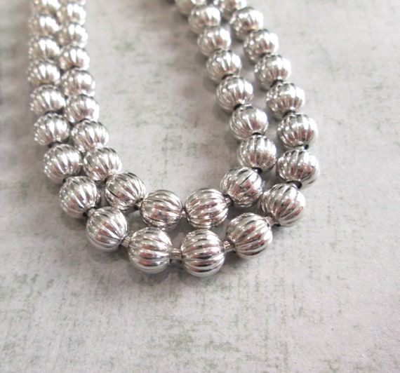 Vintage Monet Super Long Fluted Silver Bead 62 Inch N… - Gem