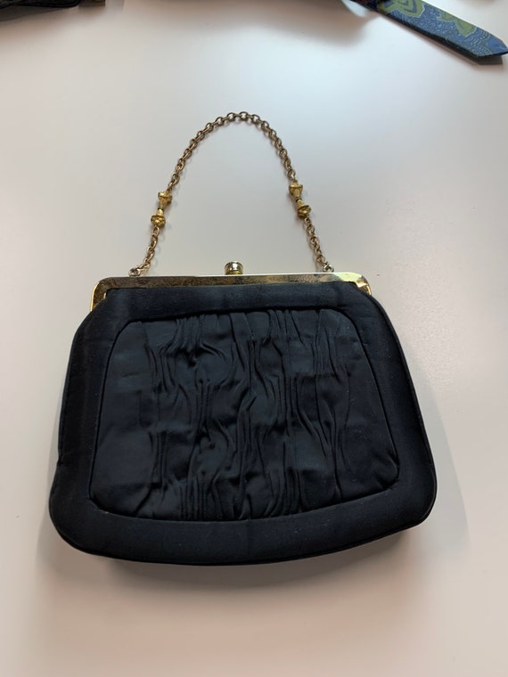 Vintage Lou Taylor Black Ruched Top Handle Bag with R… - Gem
