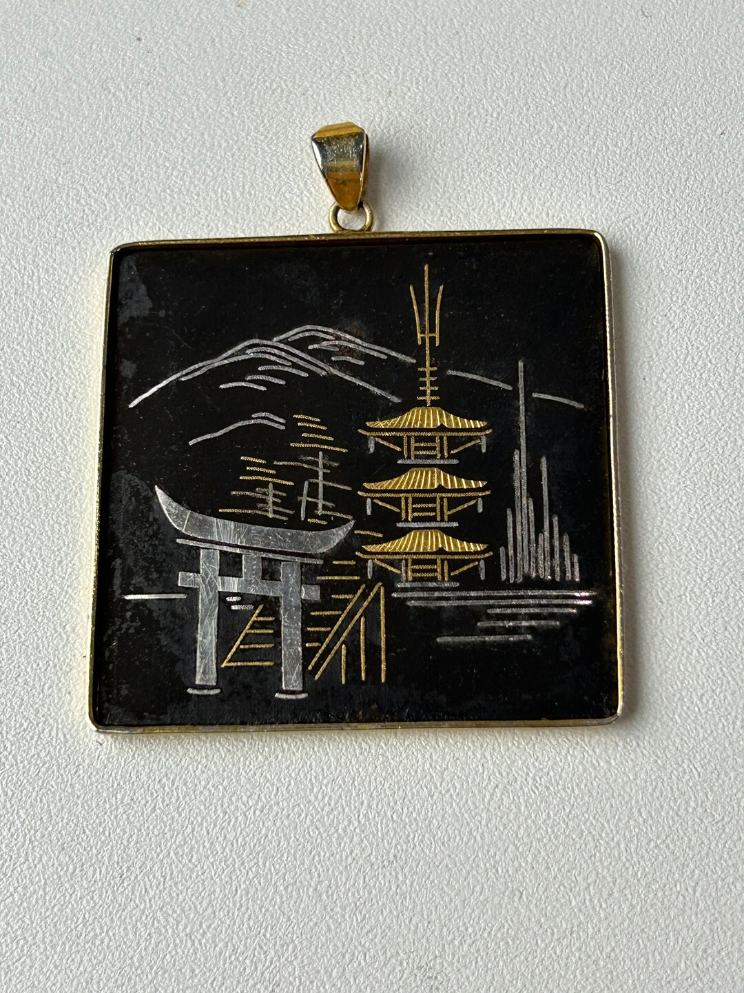 Vintage Amita Japan Damascene Pagoda Black and Gold Tone Pendant - Etsy