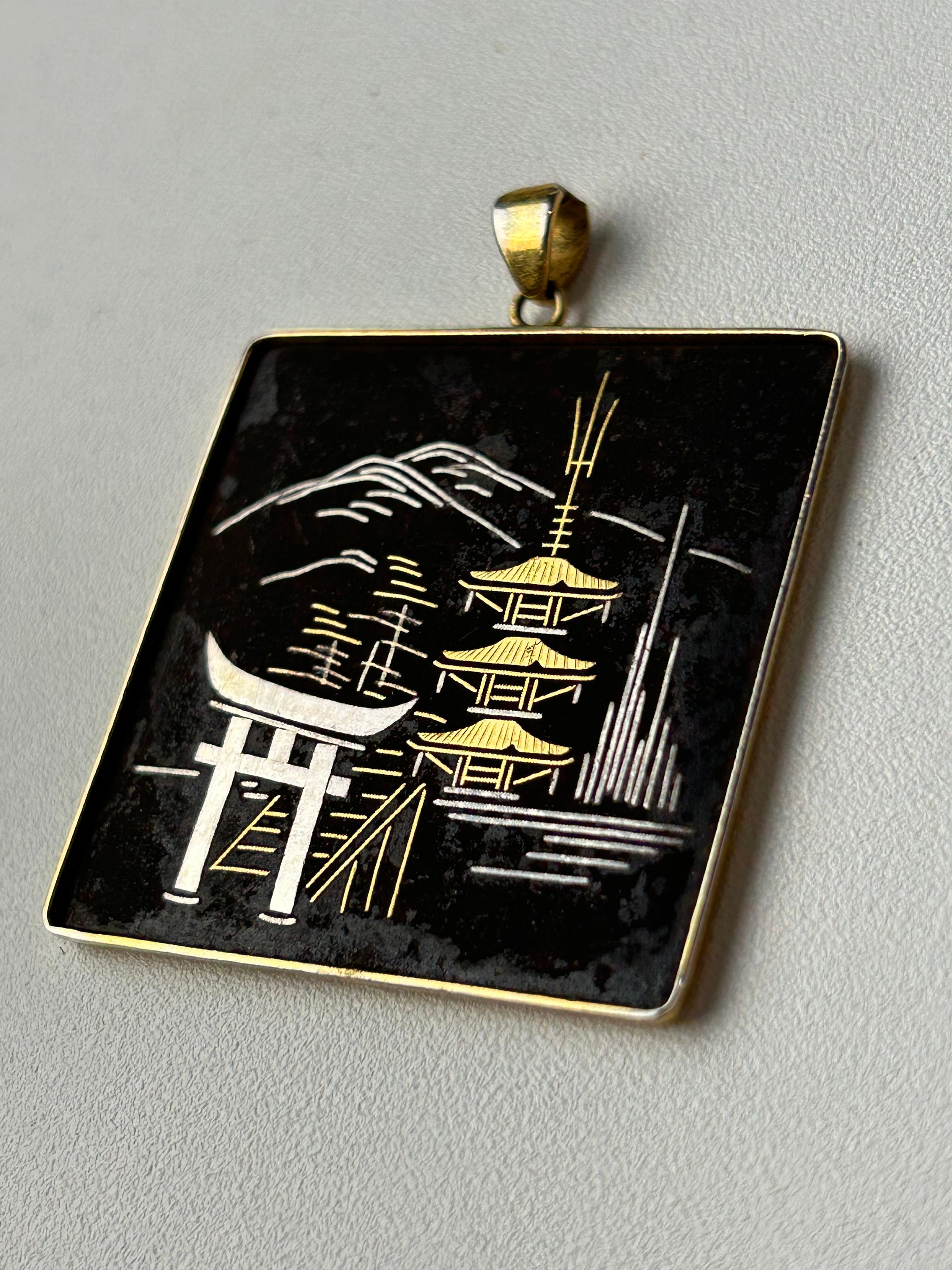 Vintage Amita Japan Damascene Pagoda Black and Gold Tone Pendant - Etsy