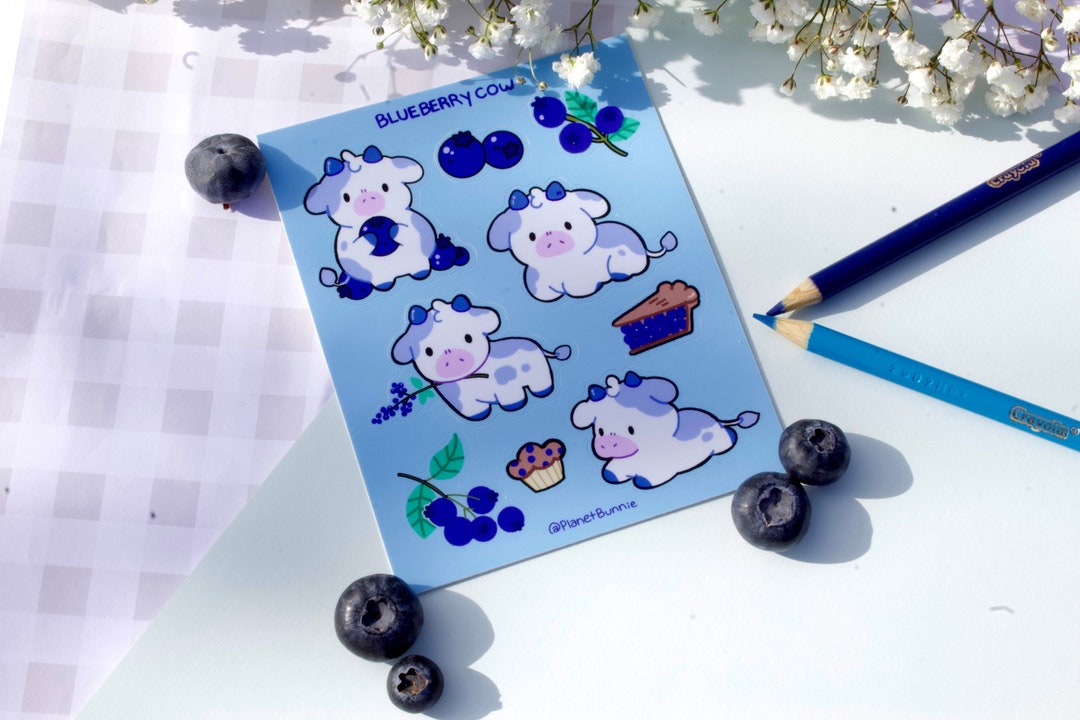 Blueberry Cow Sticker Sheet - Cute Cottagecore Aesthetic Stationery ...
