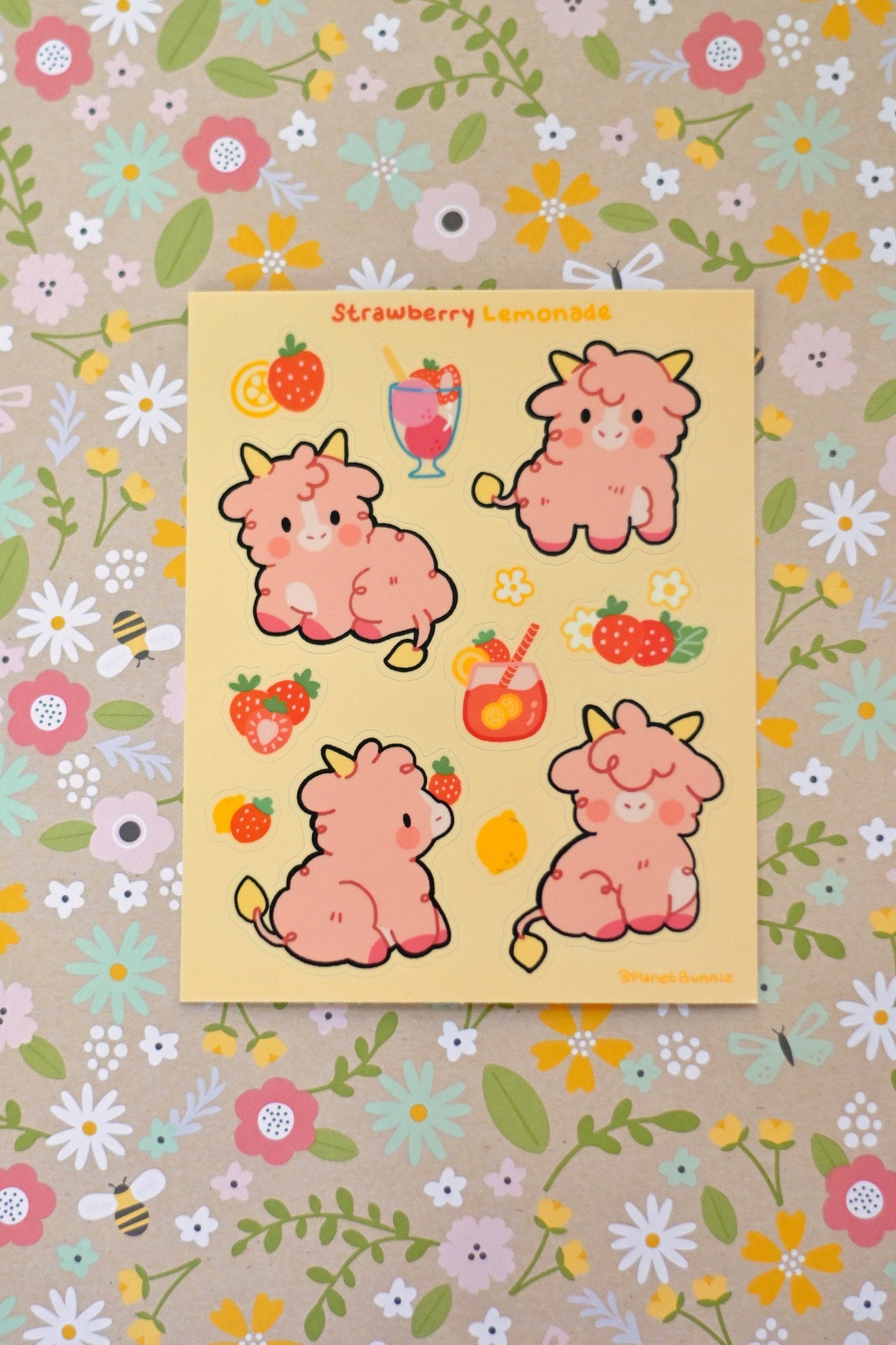 Strawberry Lemonade Cow Cute Highland Cow Sticker Sheet | Etsy