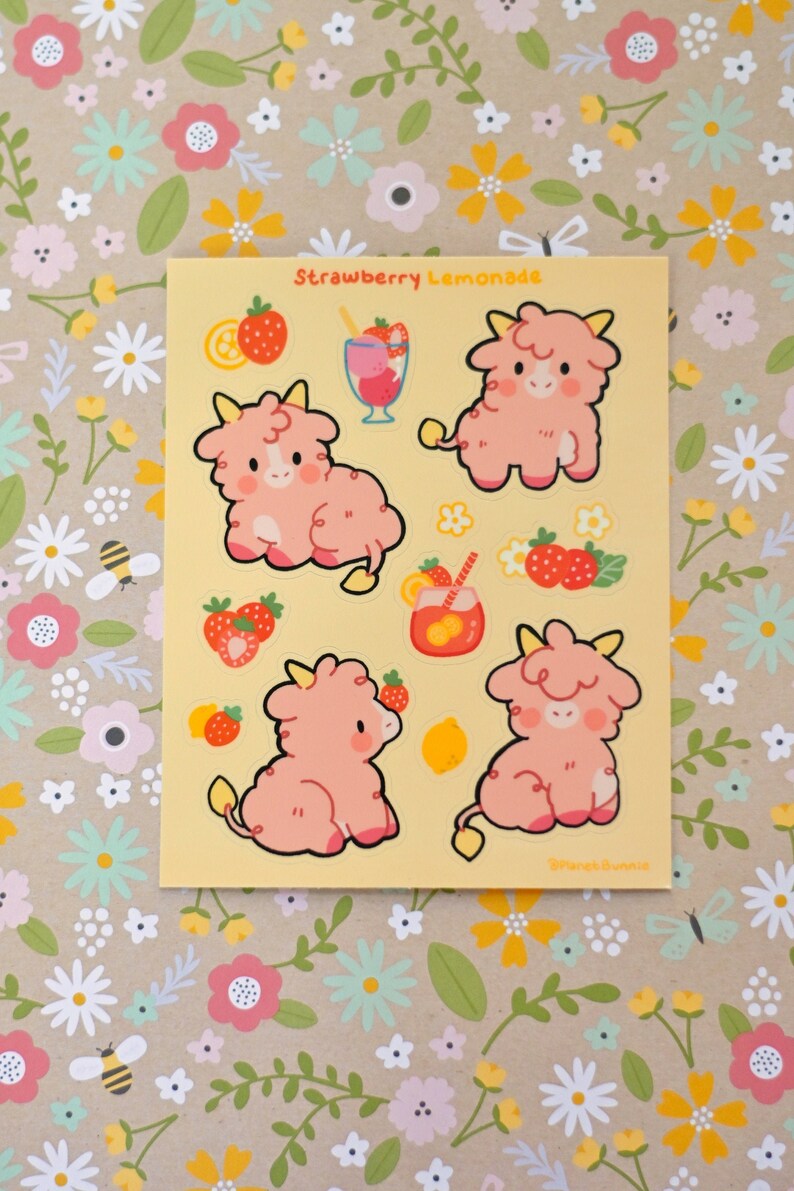 Strawberry Lemonade Cow Cute Highland Cow Sticker Sheet - Etsy