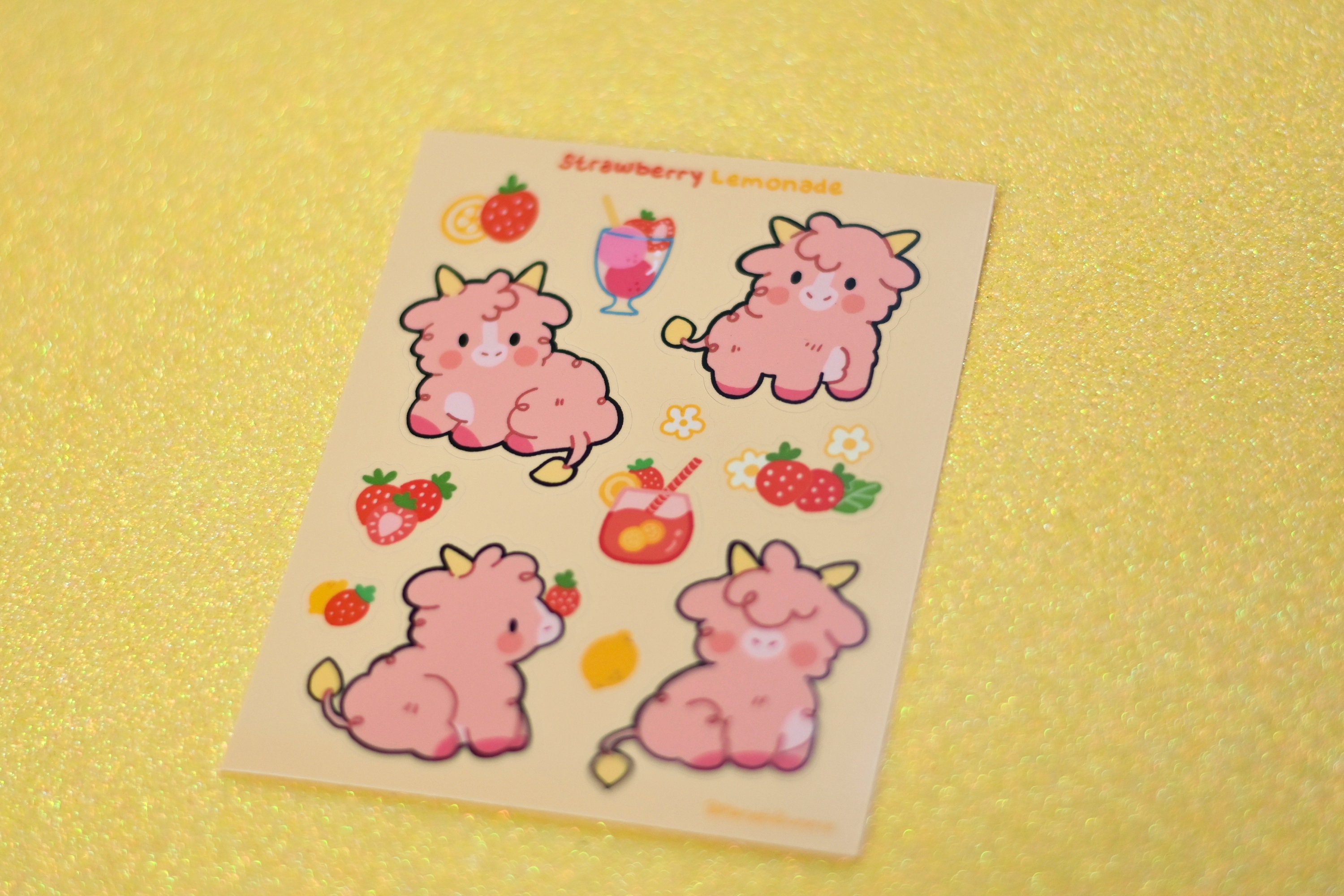 Strawberry Lemonade Cow Cute Highland Cow Sticker Sheet | Etsy