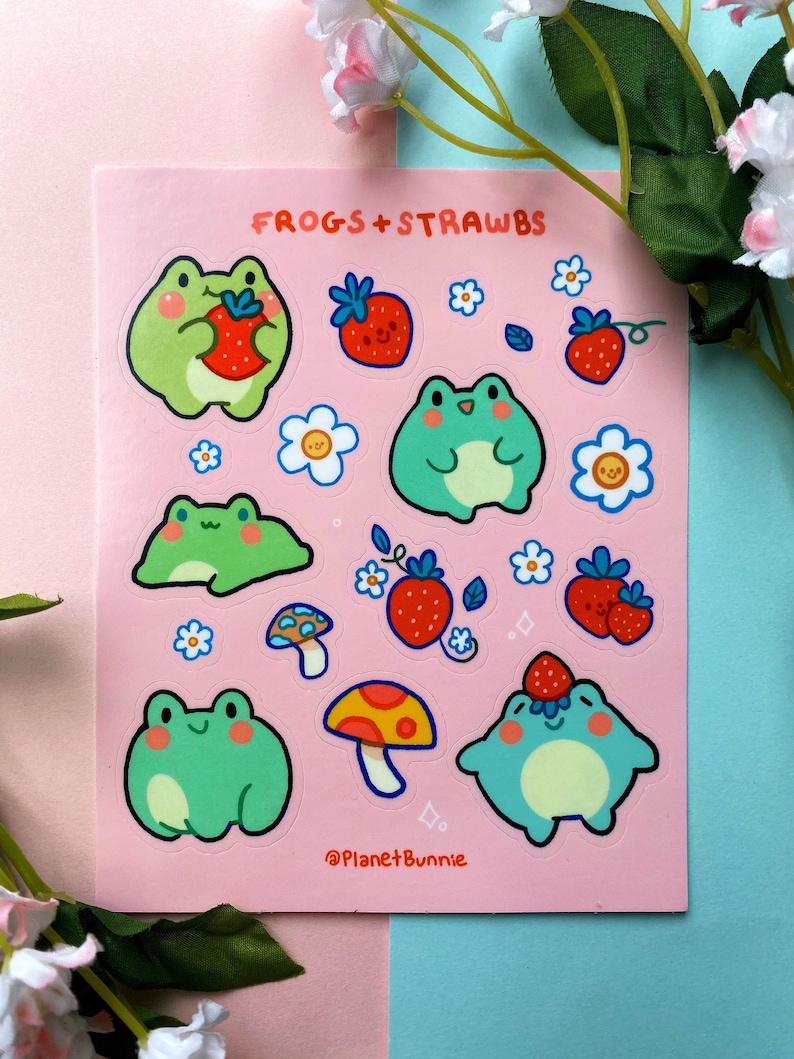 Strawberry Frog Stationery Sticker Sheet frogs | Etsy