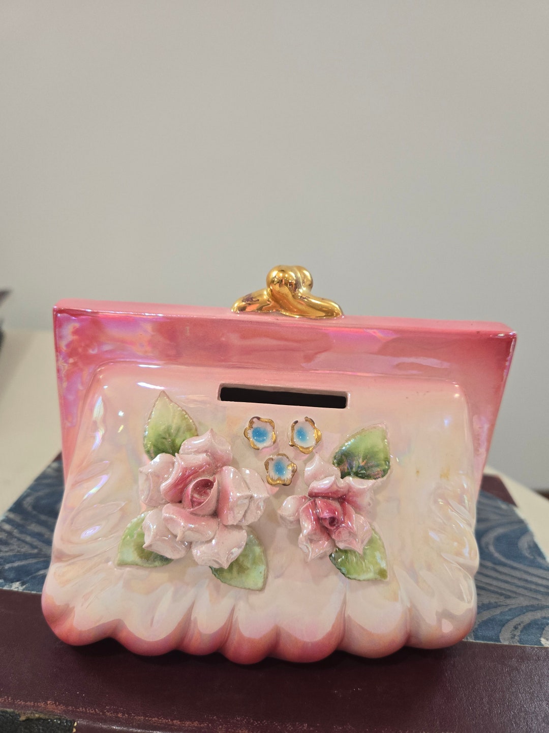 Vintage Pin Money Ladies Ceramic Purse Bank Pink With PR - 14K Gold and ...