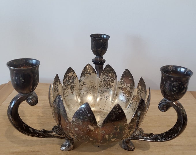 Vintage Leonard Silver Plate Lotus Flower Bowl With 3 Candleholders ...