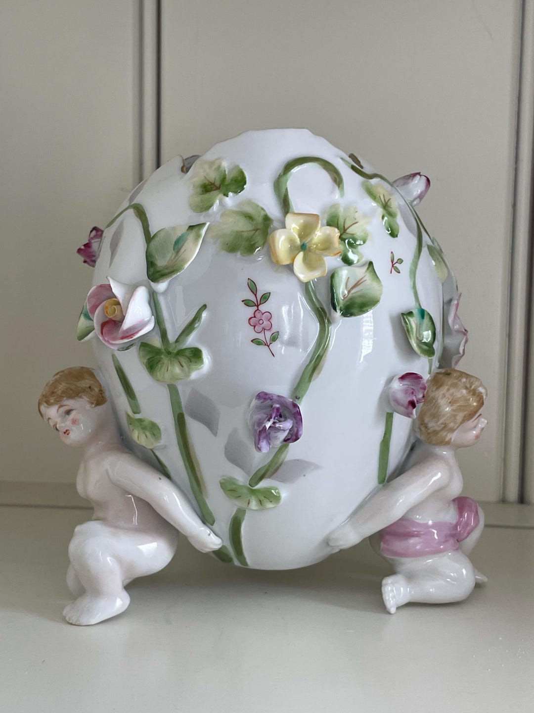 Victorian Ornate Porcelain Egg Held With 3 Cherubs 3-D Floral Design ...
