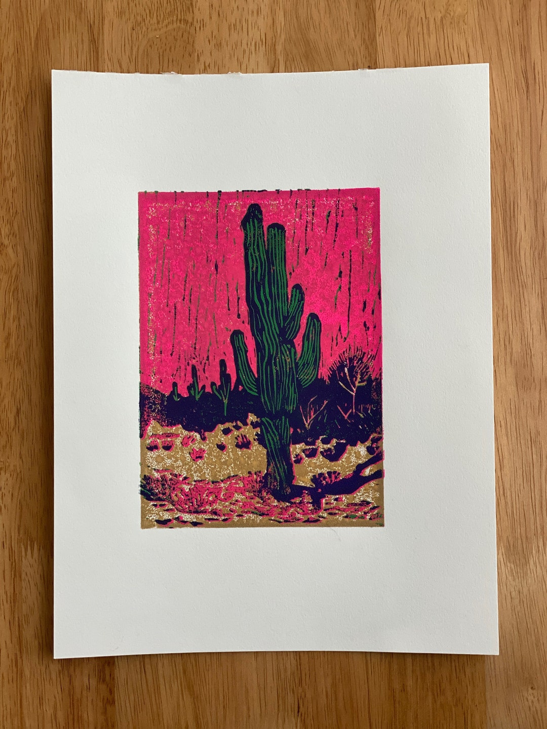 Saguaro in Arizona Linoleum Block Print (navy Mountains) - Etsy