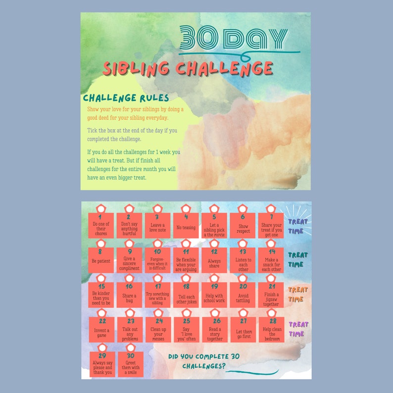 30 Day Sibling Bonding Challenge: Interactive Chart for Kids' Family ...
