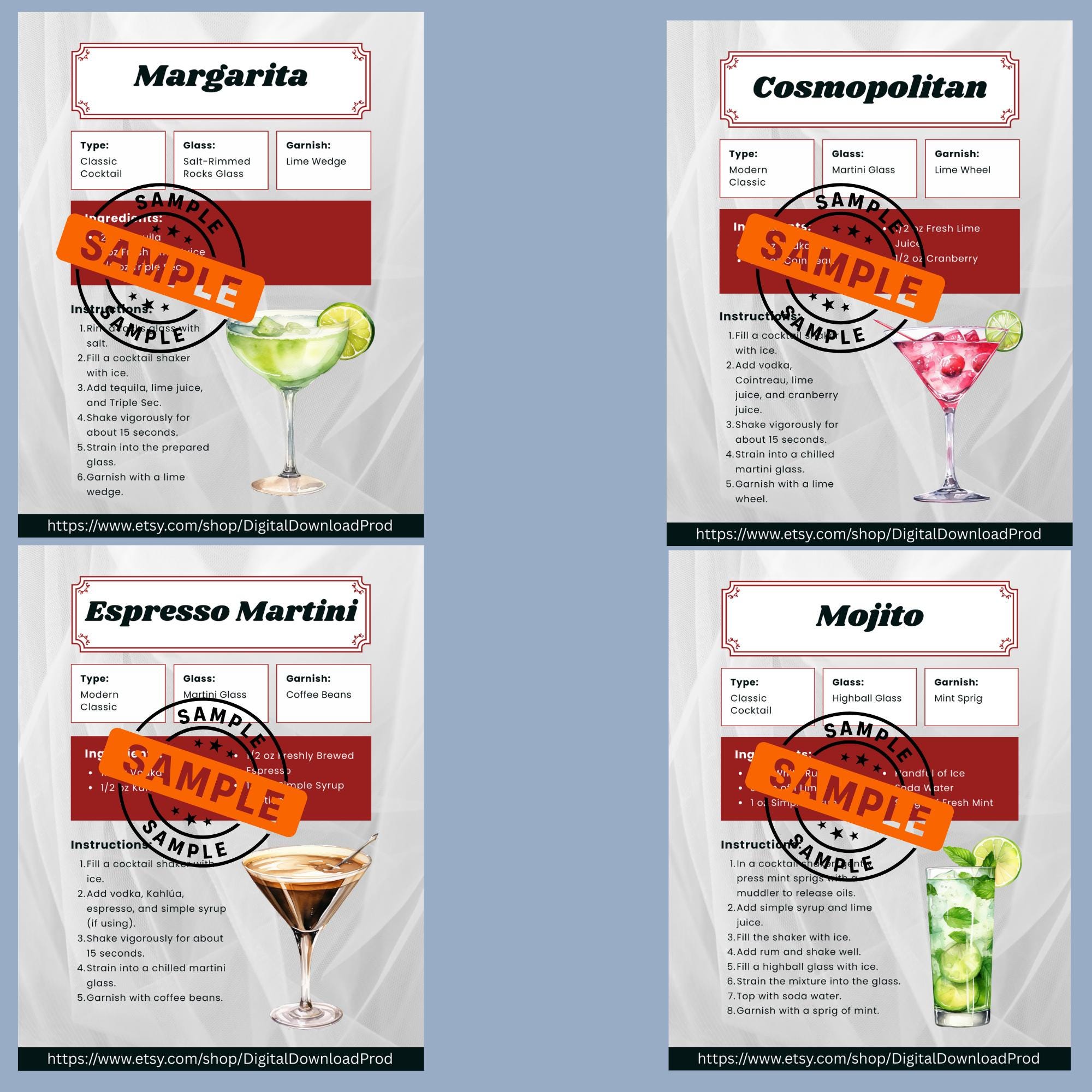 Printable Cocktail Recipe Cards Set of 26, 5x7 Digital Bar Drink ...