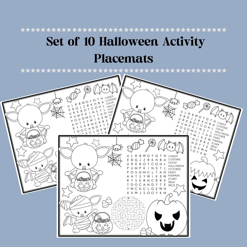 Halloween Kids Activity Placemat Set: Printable Word Search, Maze, and ...