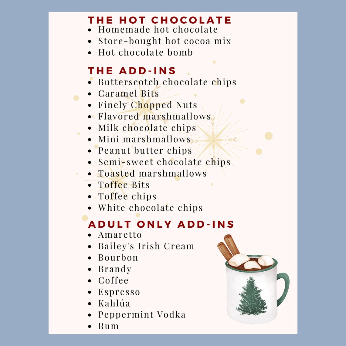 Hot Cocoa Bar Guide/add-ins/toppings/flavor Boosters/hot Chocolate ...