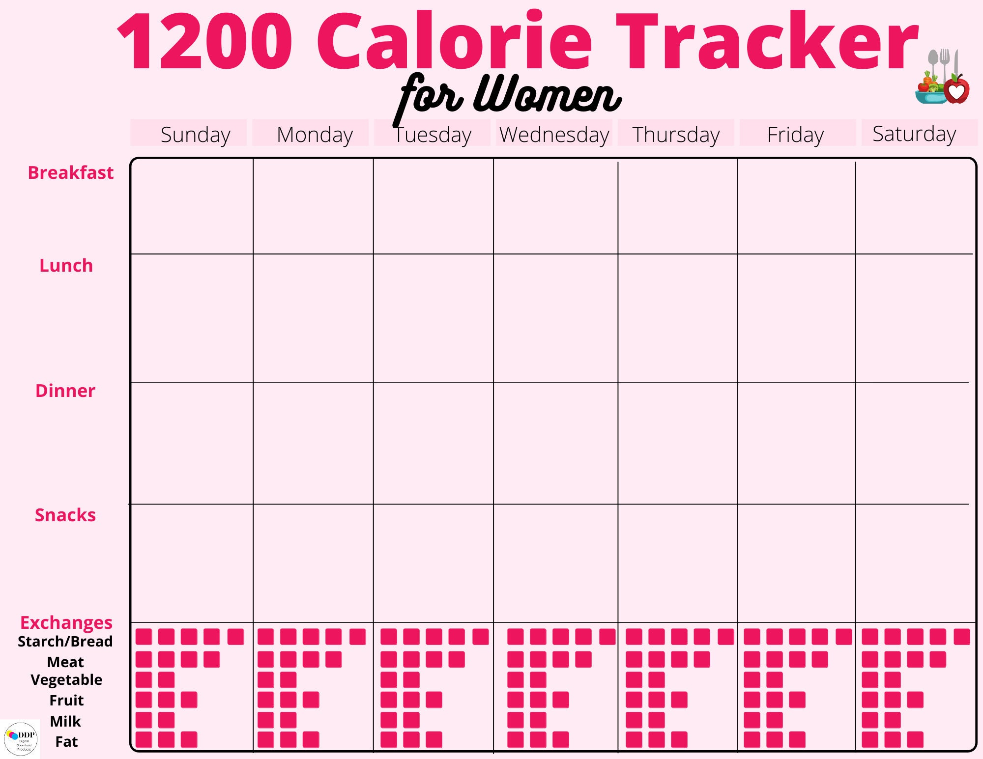 1200 Calorie Food Exchange Diet Tracker For Women Instant Etsy