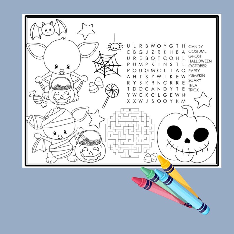 Halloween Kids Activity Placemat Set: Printable Word Search, Maze, and ...