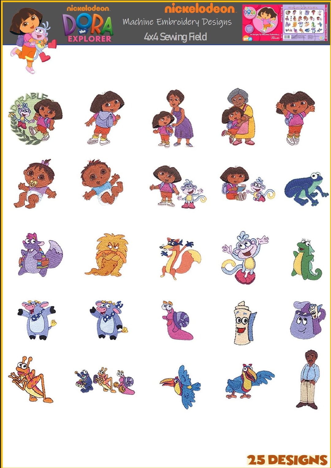 Dora Embroidery Machine Files, All Formats 4x4 Hoop Size - 25 Designs ...