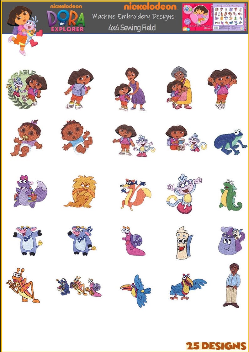 Dora Embroidery Machine Files, All Formats 4x4 Hoop Size - 25 Designs ...