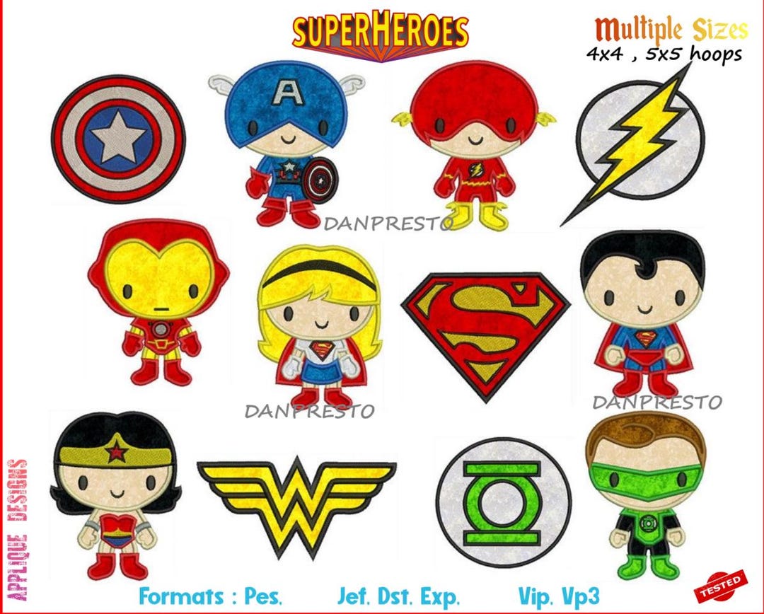 Superheros Applique Pack 12 Machine Embroidery Files, Super Hero Comic ...