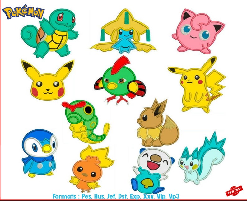 Pokemon Embroidery Applique Files - 12 Design Set , Eevee , Piplup ...